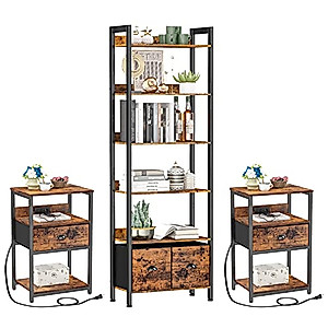 Furologee Nightstand Set of 2 with Charging Station, End Table with USB Ports&Power Outlets, 6-Tier Bookshelf, Tall Rustic Bookcase with 2 Drawers Storage Organizer