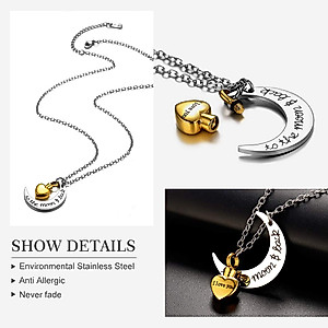 Richsteel Gold I love You to the moon Back Urn Necklace for Ashes Stainless Steel Moon Heart Pendant & Rolo Chain 20'' Memorial Cremation Jewelry with Gift Box