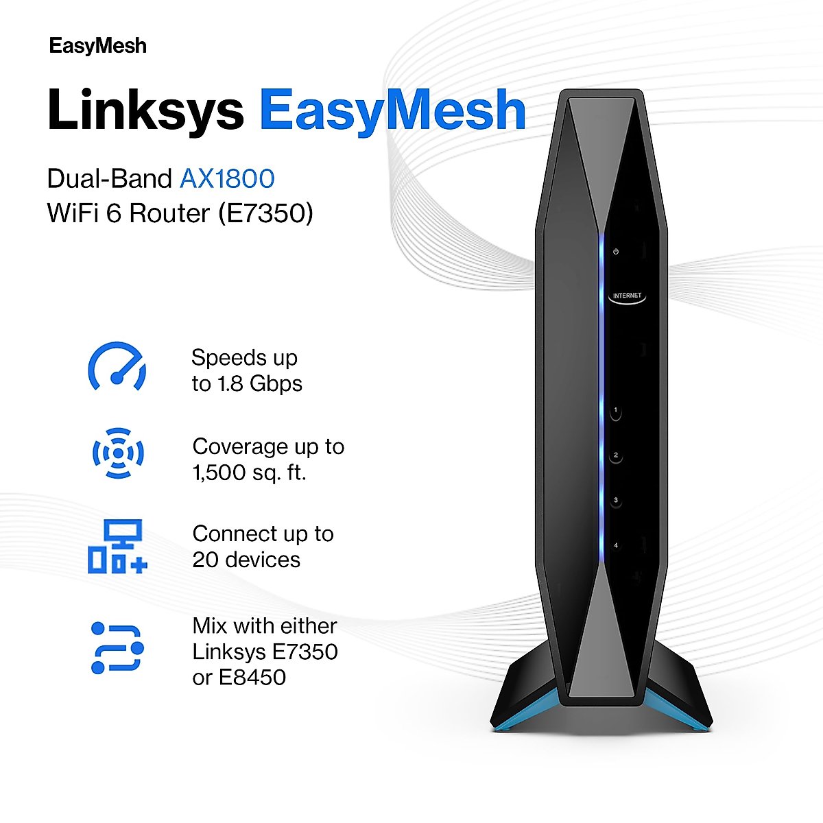 Linksys AX1800 Wi-Fi 6 Router Home Networking, Dual Band Wireless AX Gigabit WiFi Router, Speeds up to 1.8 Gbps and coverage 1,500 sq ft, Parental Controls, maximum 20 devices (E7350)