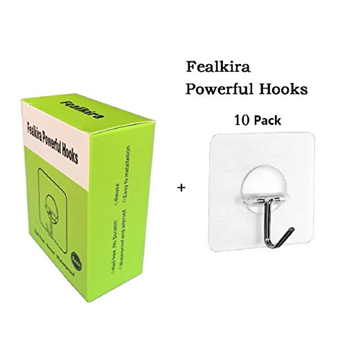 Fealkira Adhesive Wall Hooks 13.2lb(Max) Utility Stainless Steel Hook for Towel Bathrobe Coats,Bathroom Kitchen Waterproof and Oilproof Nail Free Transparent Heavy Duty Hook & Ceiling Hanger(10pcs)
