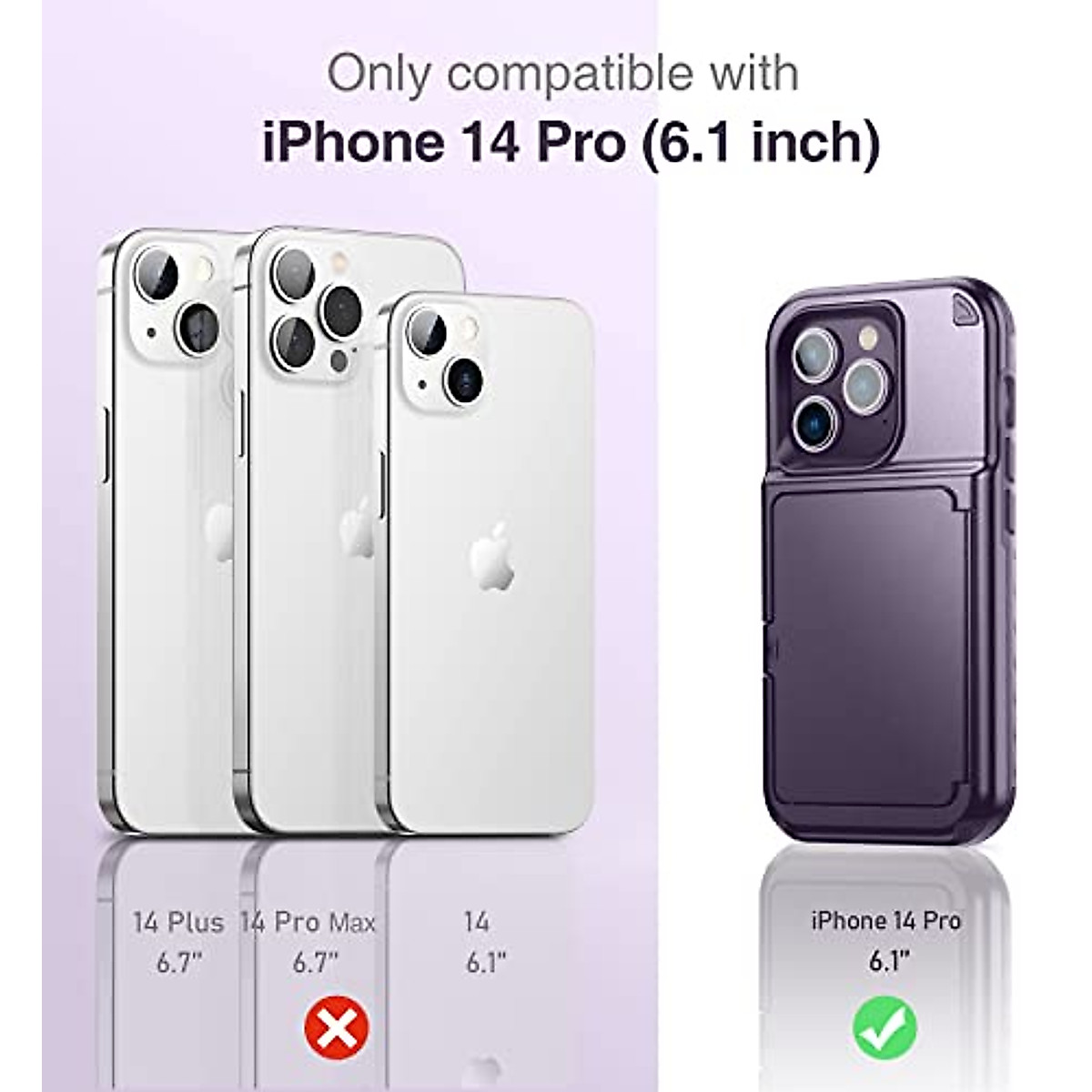WeLoveCase iPhone 14 Pro Case for Women, Men Defender Credit Card Holder Cover with Hidden Mirror, Three Layer Shockproof Heavy Duty Protection Case for iPhone 14 Pro 6.1'' Deep Purple
