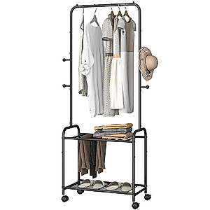 Hzuaneri Clothes Rack, Garment Rack with 2-Tier Storage Shelf, 2-In-1 Design, Clothing Rack with 4 Wheels, Metal Frame Shoe Rack, Coat Rack with 4 Hooks for Bags, 220 lb Max, Black GR07660B