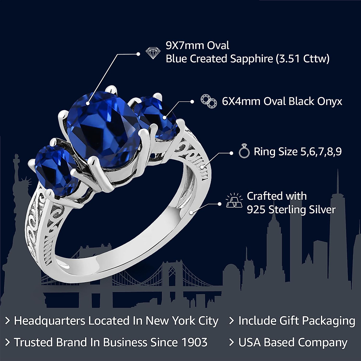 Gem Stone King 925 Sterling Silver Gemstone Birthstone 3-Stone Ring | Oval 9X7MM and 6X4MM | Three Stone Wedding Engagement Anniversary Promise Ring For Women