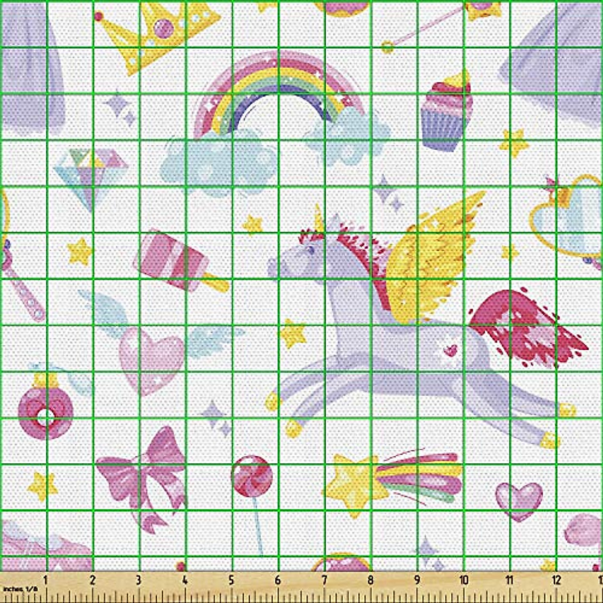Ambesonne Rainbow Fabric by The Yard, Repetitive Unicorn Pegasus with Funny Cartoon Items, Decorative Fabric for Upholstery and Home Accents, 1 Yard, Lilac Yellow