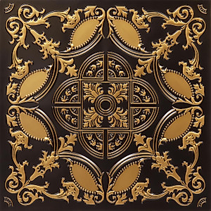 From Plain To Beautiful In Hours 218 Golden Prague PVC 2' x 2' Glue-up or Lay-in Ceiling Tile (Covers / 100 sq.ft), Antique Gold, 25 Piece