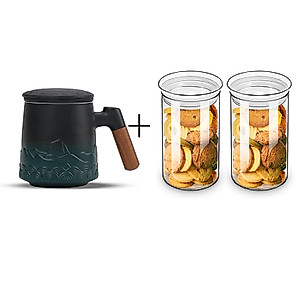 ZENS Tea Cup with Infuser and Lid, 16.8 Ounce Gradient Black & Green Ceramic Loose Leaf Tea Mug Glass 37oz Airtight Kitchen Canisters of 2