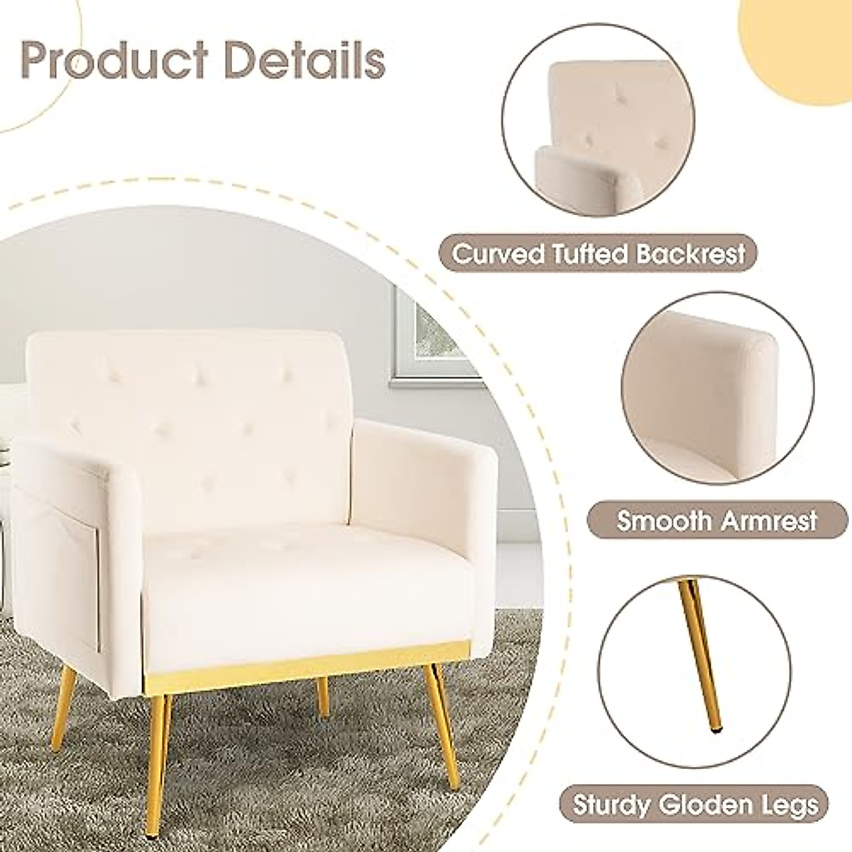 COCO DESIGN Velvet Accent Chair Set of 2 w/Gold Metal Legs, Mid Century Modern Reading Chair w/Side Pocket，Comfy Single Sofa Armchair for Living Room, Bedroom, Beige
