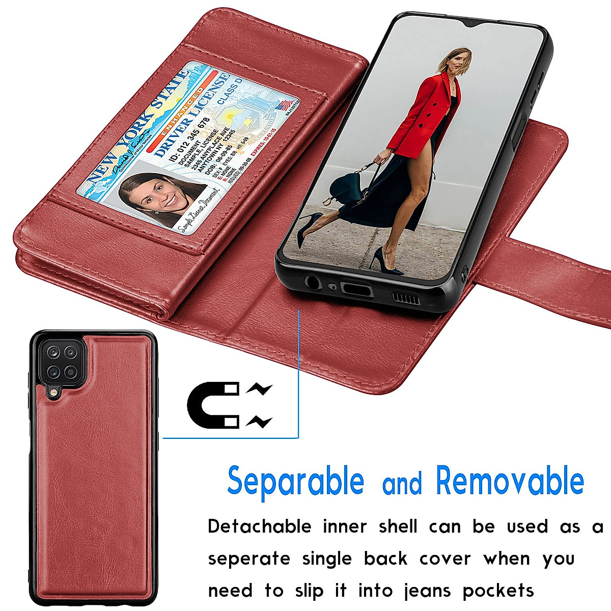 Tekcoo Luxury PU Leather Case, Galaxy A12 5G Flip Wallet Case, Detachable Magnetic Hard Case, Kickstand, Wine Red