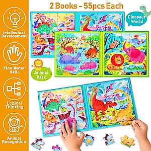 Magnetic Puzzles for Kids Ages 3-5, Two-Book Set, Dinosaur Animal Jigsaw Puzzle Magnet Books Travel Games Montessori Preschool Learning Activities Toddler Toys for 3 4 5 6 Year Old Boys Girls