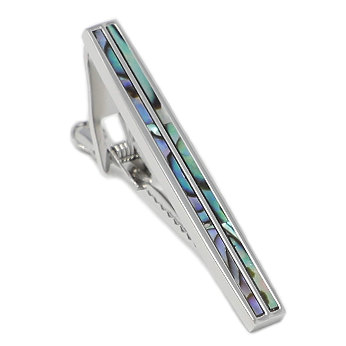 MENDEPOT Classic Rhodium Plated Two Line Abalone Tie Clip With Box Abalone Stripe Tie Bar