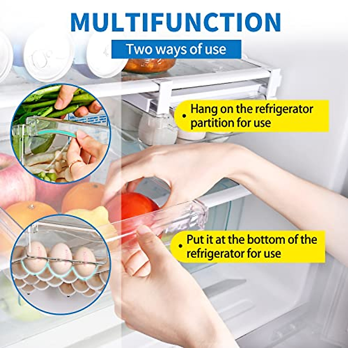 VVLIAM 2 PACK Refrigerator Organizer Bins fridge drawer organizer with Handle, Egg Holder For Refrigerator and fruit containers for fridge pull out cabinet organizer Fit for Fridge Shelf Under 0.6"