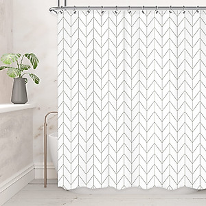 Riyidecor Chevron Shower Curtain White Beige Geometric Herringbone 60Wx72H Inch Striped Simple Modern Classy Neutral Contemporary Decor Fabric Bathroom Set Polyester Waterproof