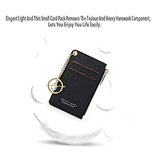 Small Wallets for Women Slim Leather Card Case Holder Wallet Coin Change Purse with Keychain (Black)