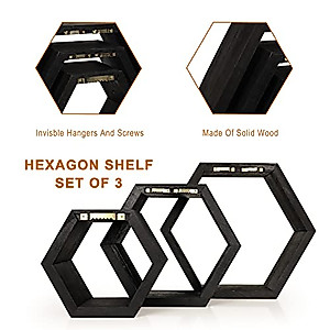 KEZORY Hexagon Floating Shelves, Honeycom Wall Shelves Set of 3, Suitable for Living Room, Kitchen, Bedroom, Bathroom or Office Wall Mounted Wooden Hexagon Shelf (Black)