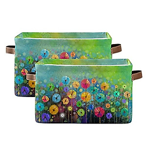 Foldable Storage Basket Green,Spring Flower Decorative Organizer Basket with PU Handles, Baskets for Shelves Home Closet Bedroom Living Room - 1 Pack
