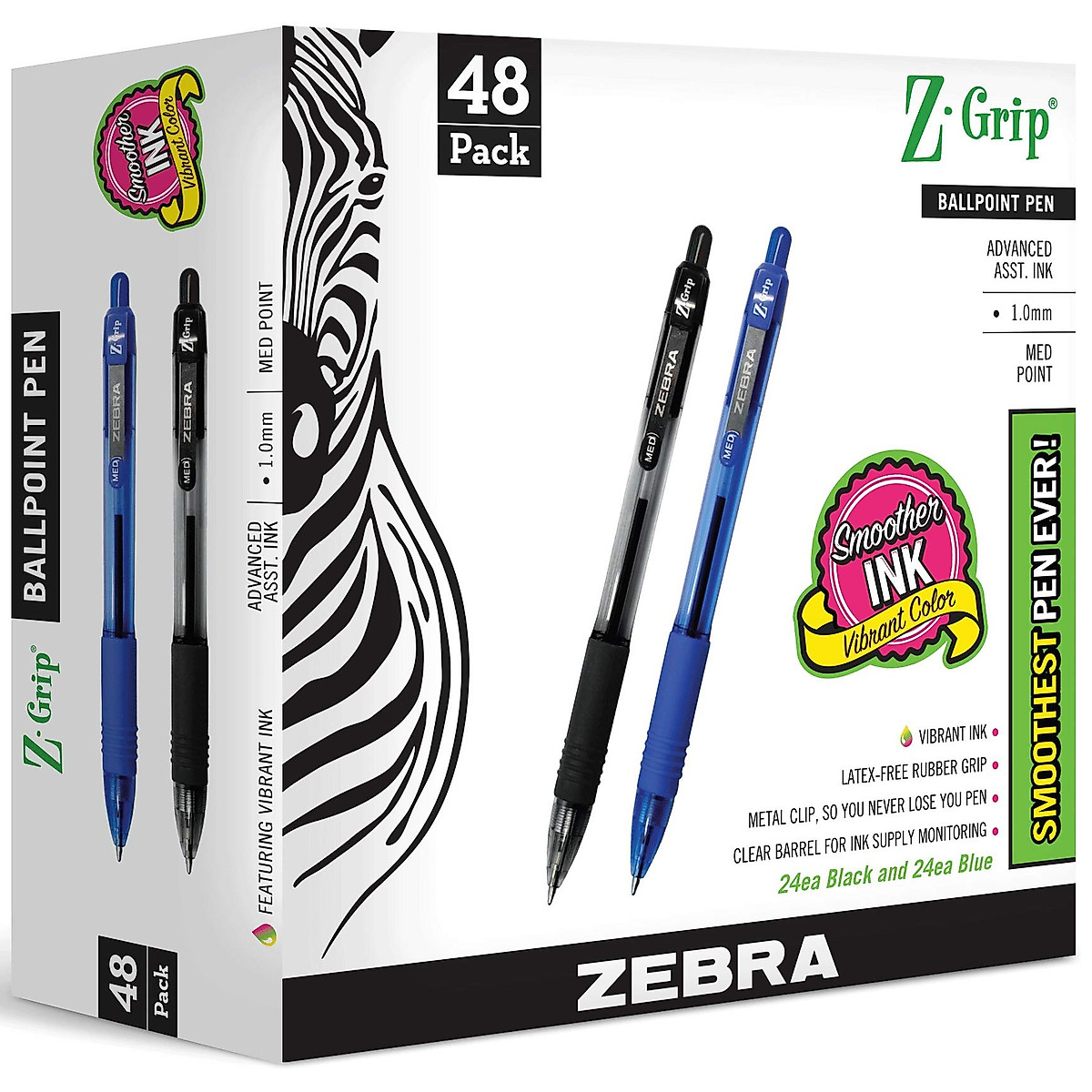 Zebra Pen bulk pack of 48 ink pens Z-Grip Retractable ballpoint pens Medium point 1.0 mm 24 black pens & 24 Blue pens combo pack