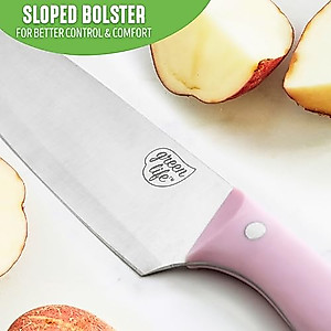 GreenLife High Carbon Stainless Steel 3 Piece Knife Set with Covers, Includes Chef Utility and Pairing, Comfort Grip Handles,Triple Rivet Cutlery, Soft Pink