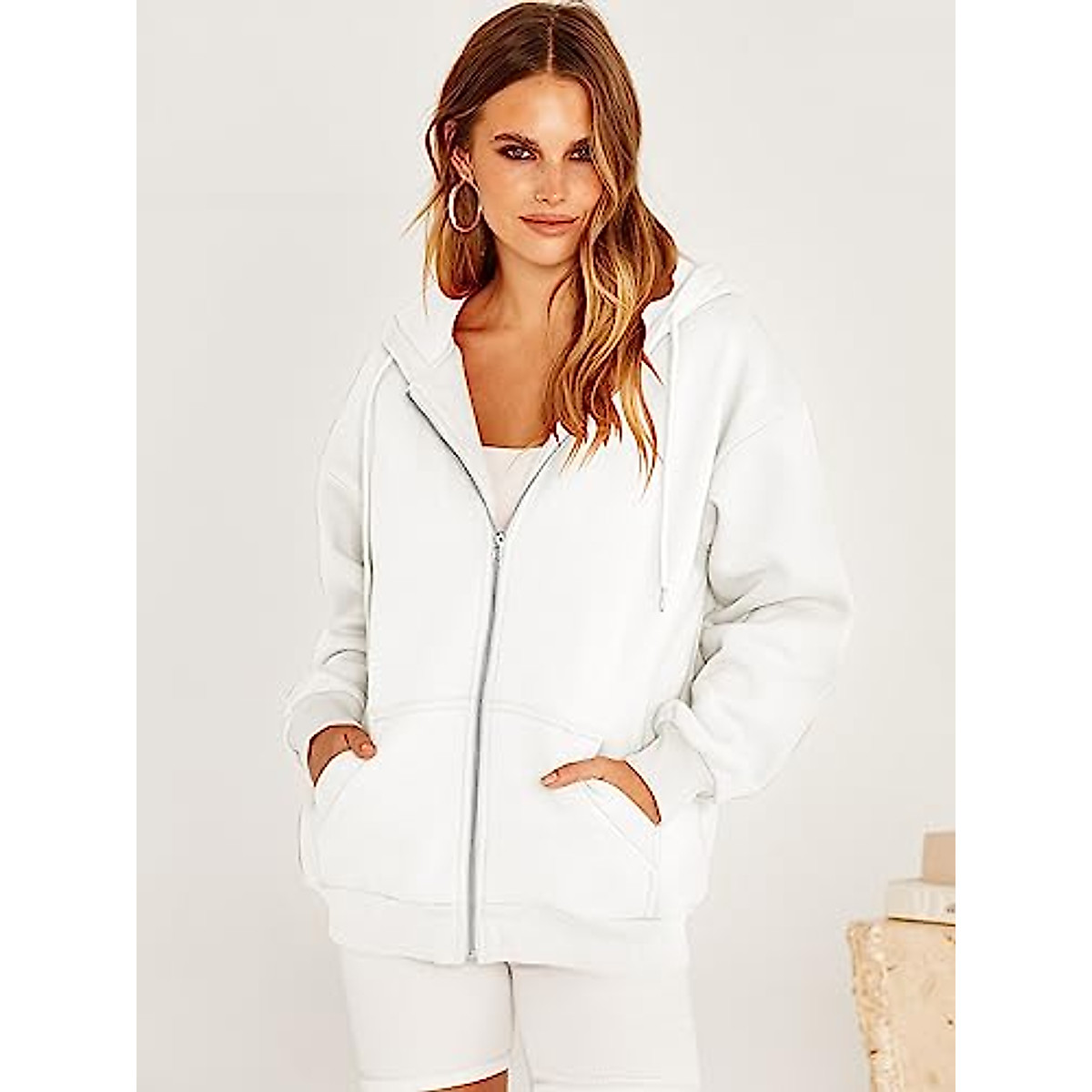 Prinbara Hoodies Jacket Coat for Women Long Sleeve Oversized Zip Up Fleece Sweatshirt Comfy Fall Clothes Y2K Trendy Top 9PA89-baise-L White