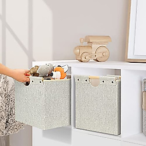 Posprica 13x13in Collapsible Storage Bins, 4 Pack Fabric Foldable Cube Storage Bins with Wooden Carry Handles, Decorative Storage Baskets for Bathroom Organizer, Shelves, Closet, Nursery, Toy -Beige