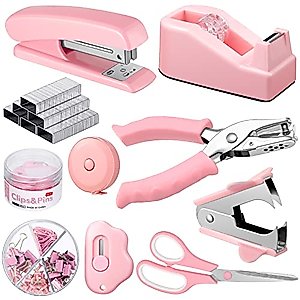 10 Piece Pink Desk Accessory Kit Includes Stapler with Staples Tape Dispenser Staple Remover Single Hole Punch Paper Clips Scissors Tape Measure Small Telescopic Knife Cute Office Desk Accessories