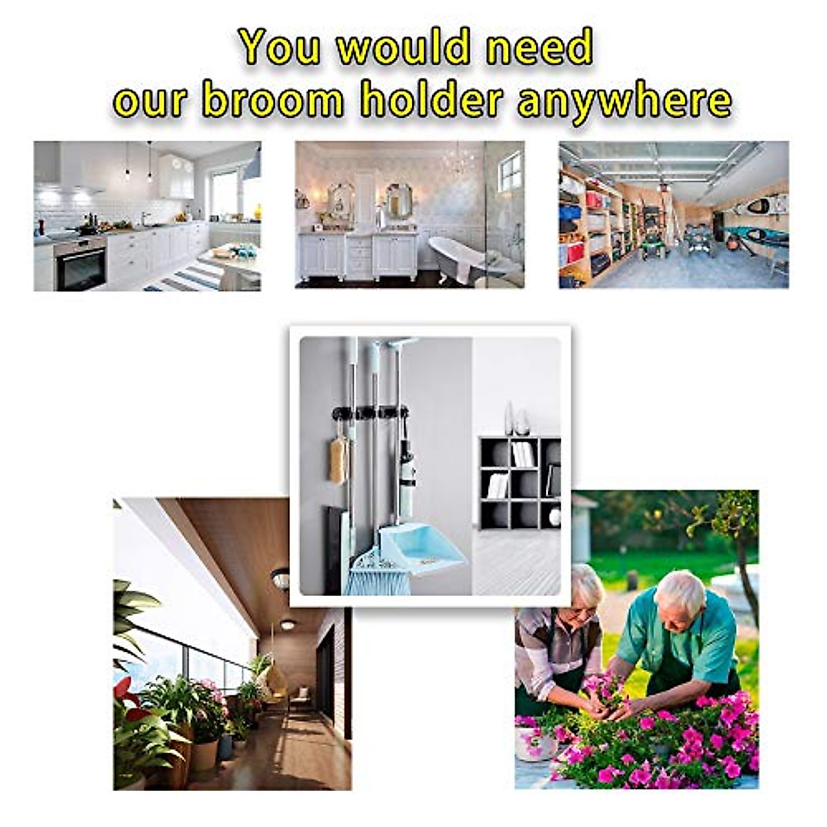 Ascotahoo Bathroom Organizer Broom Mop Holder,mop and Broom Rack Wall Mount with Stainless Steel 3 Racks 4 Hooks for Kitchen Bathroom Office Closet Garden, Black Color