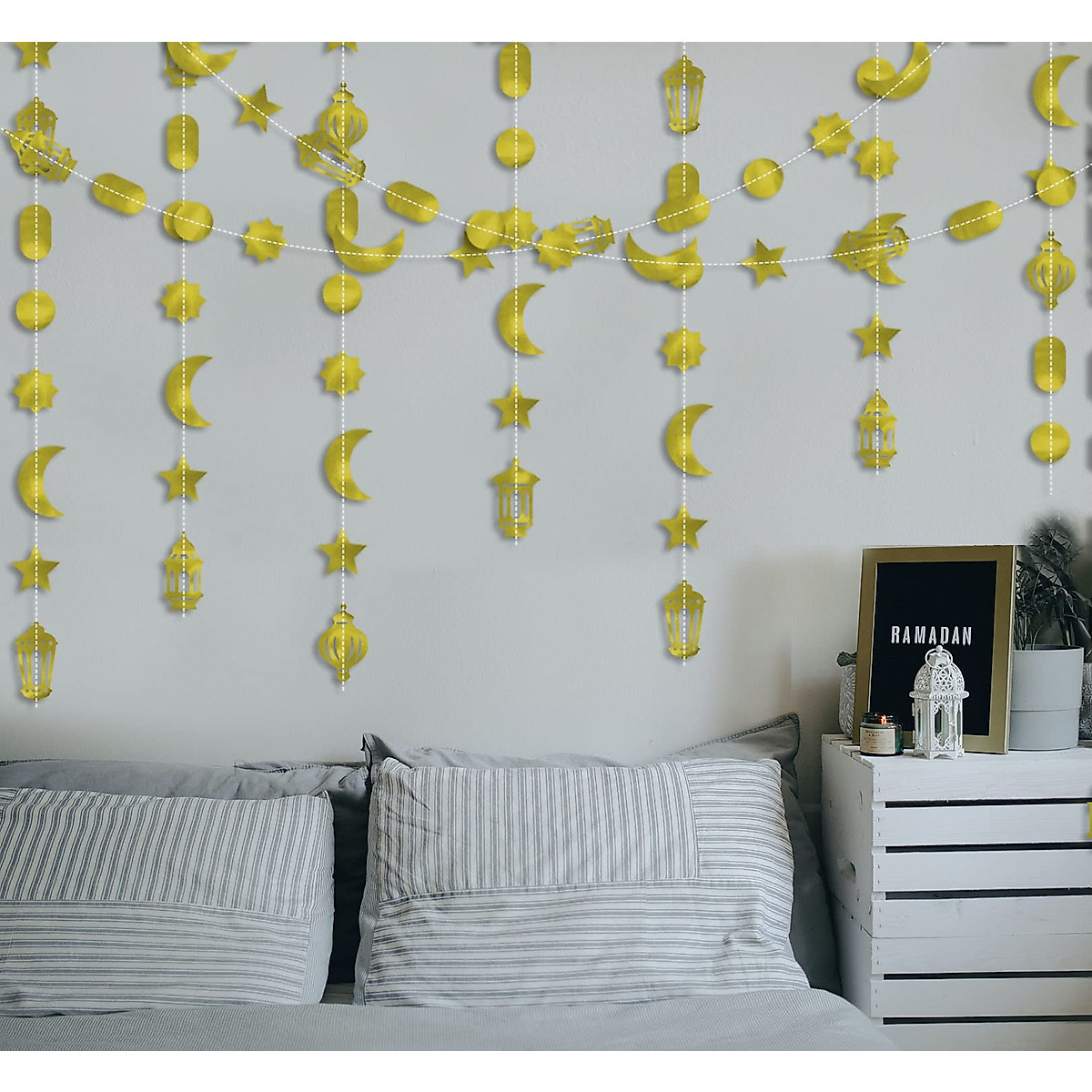 JKQ 4 Strings Gold Ramadan Mubarak Hanging Decorations Moon Star Lantern Muslim Ramadan Kareem Streamer Garlands Islamic Eid Mubarak Festival Celebration Wedding Birthday Party Ceiling Decorations