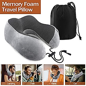 Faddare Travel Pillow, Memory Foam Neck Support Pillow Set, Comfortable Neck and Head Support Pillow, Travel Neck Rest Cushion for Plane Car Train Office(Grey)