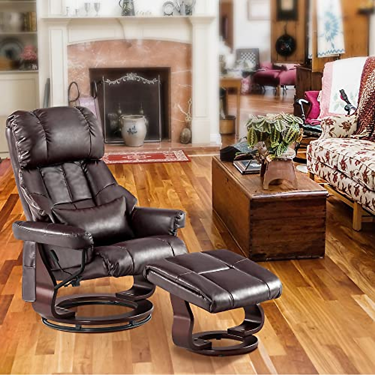 MCombo Recliner with Ottoman Reclining Chair with Vibration Massage and Removable Lumbar Pillow, 360 Degree Swivel Wood Base, Faux Leather 9068 (Dark Brown)