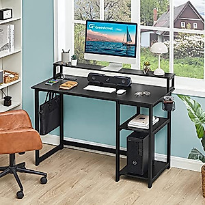 GreenForest Computer Desk with USB Charging Port and Power Outlet, Home Office Desk with Monitor Stand and Reversible Storage Shelves for Small Space, 47 inch Work Desk with Cup Holder and Hook, Black