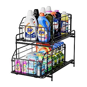 Lxmons Pull Out Under Sink Organizer, 2 Tier Slide Out Cabinet Drawer Organizer, Metal Basket Home Shelf for Bathroom or Kitchen, Sliding Countertop or Pantry Organization Storage, Large Black