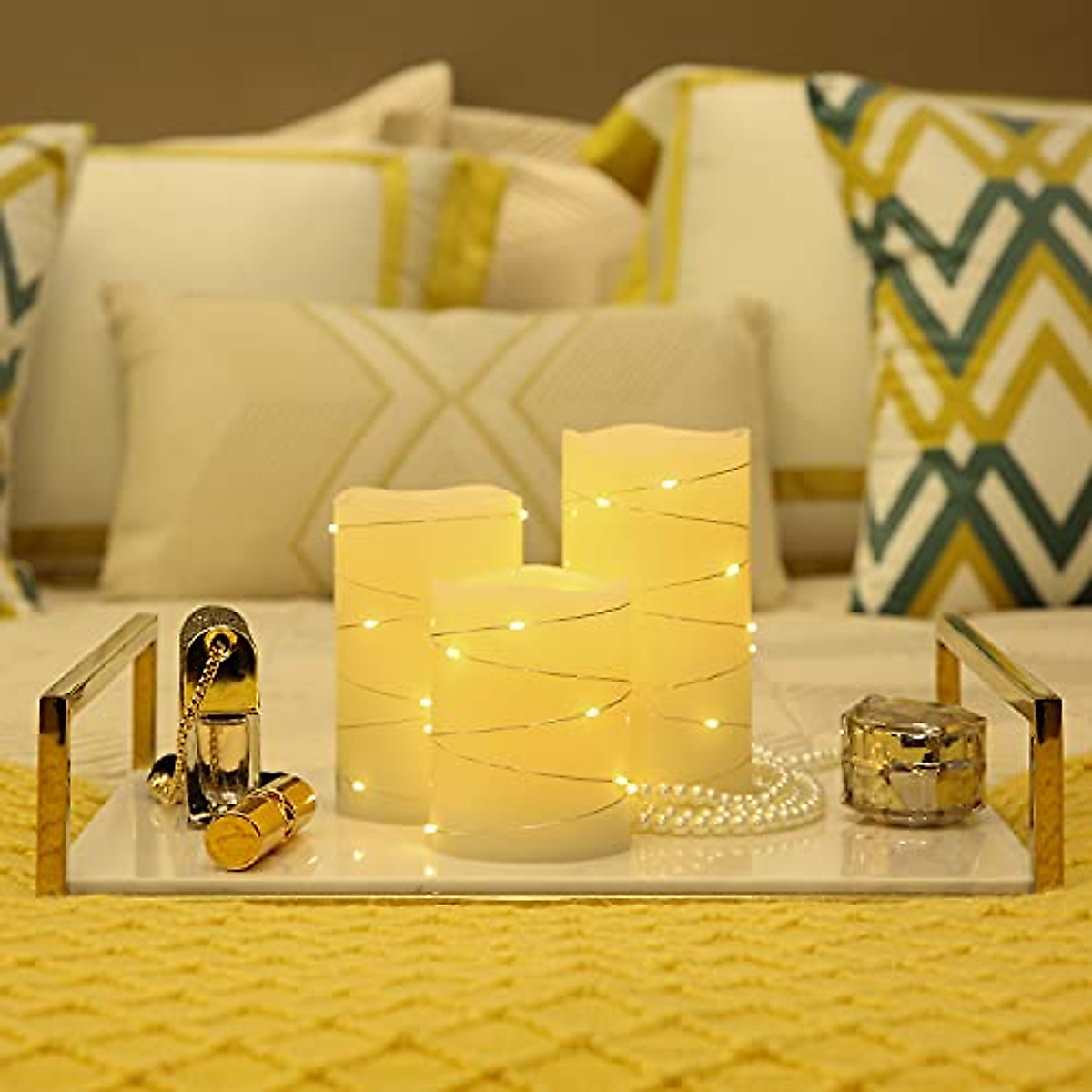H-BLOSSOM Flickering Flameless Candles Ivory Real Wax Pillar with Embedded String Lights LED Candles Battery Operated with Cycling 5H Timer Set of 3 (3" x 4"/5"/6") (Ivory)