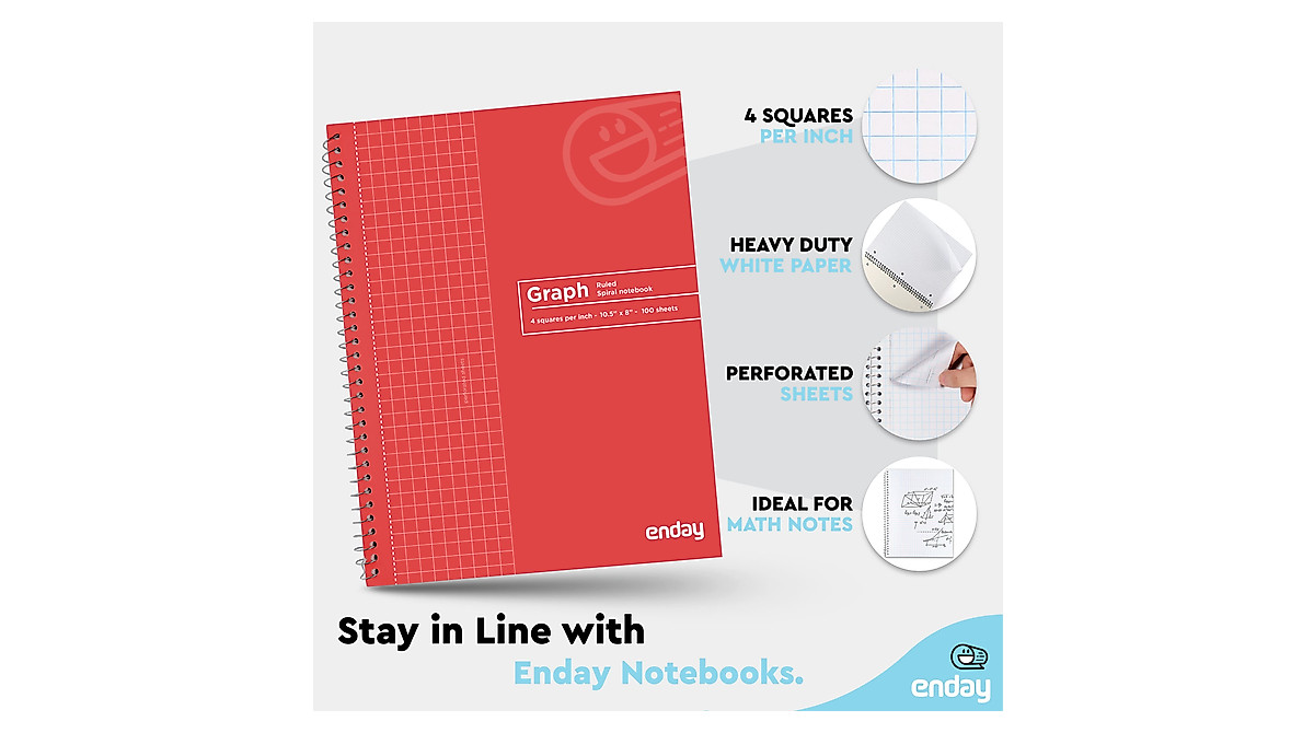 Emraw Quad Ruled Spiral Notebooks - 4 Pack, 100 Sheets