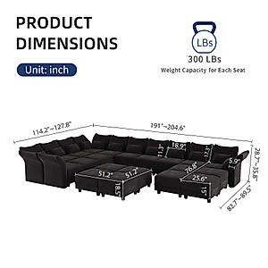 LLappuil Oversized Sleeper Sectional Sofa with Storage 21 Seater Modern U Shaped Modular Sectional Couches for Living Room, Adjustable Armrest Backrest, Chenille, Black