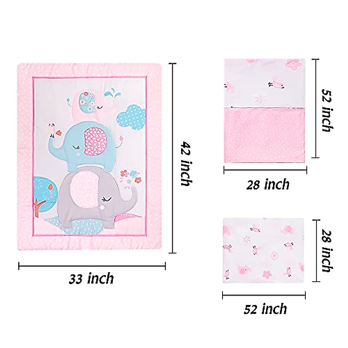 Luxanna Crib Bedding Set Pink Elephant 3 Pieces Baby Nursery Bedding Sets with Baby Comforter,Crib Fitted Sheet, Crib Skirt for Girls