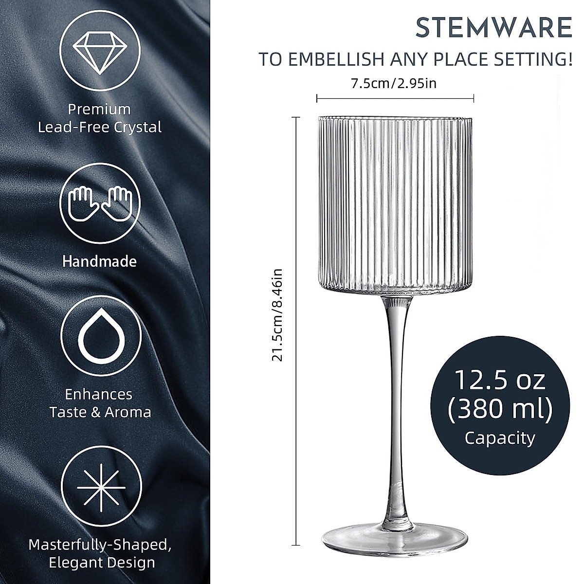 Square Wine Glasses Set of 4, Elegant Ribbed Design Wine Glasses 12.5oz, Long Stem Unique Modern Shape - Hand Blown Premium Wine Glass, For Red & White Wine Home Bar Party