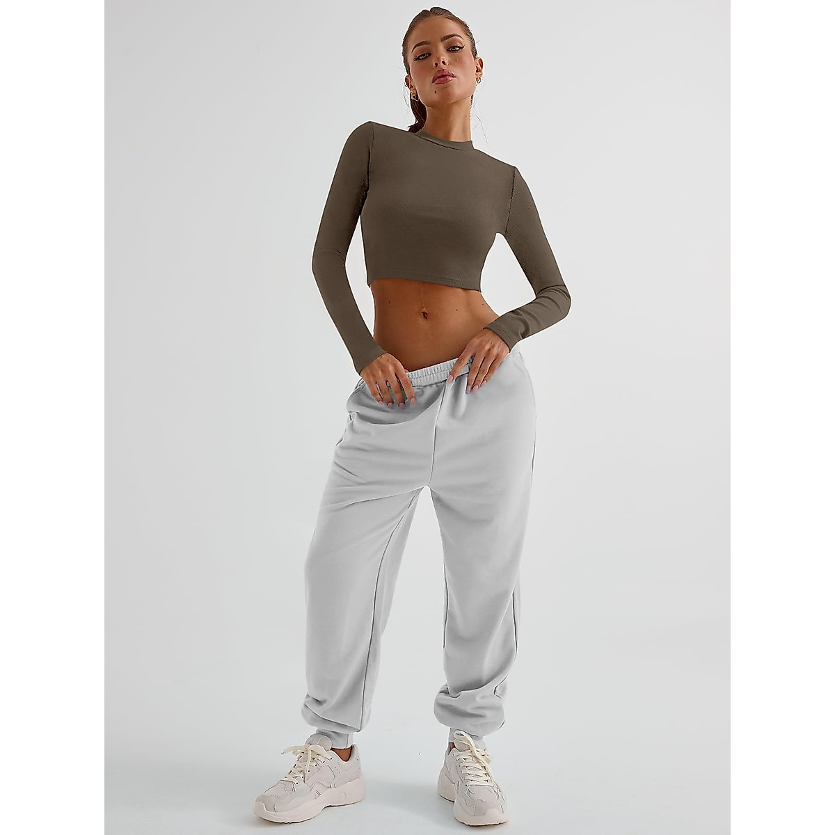 Trendy Queen Womens Long Sleeve Crop Tops Basic Ribbed Slim Fitted Shirts Casual Fall Fashion Y2k Teen Girl Clothes Coffee XL