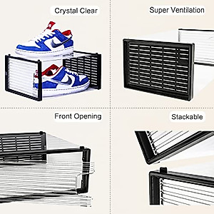 6 Pack Large Shoe Box Clear Plastic Stackable - Upgrade Shoe Organizer - Crystal Clear Shoe Storage Boxes - Premium Clear Shoe Boxes Stackable - Shoe Organizer for Closet -Sneaker Storage - Stackable Shoe Box Containers Bins Case White-Cajas Para Zapatos