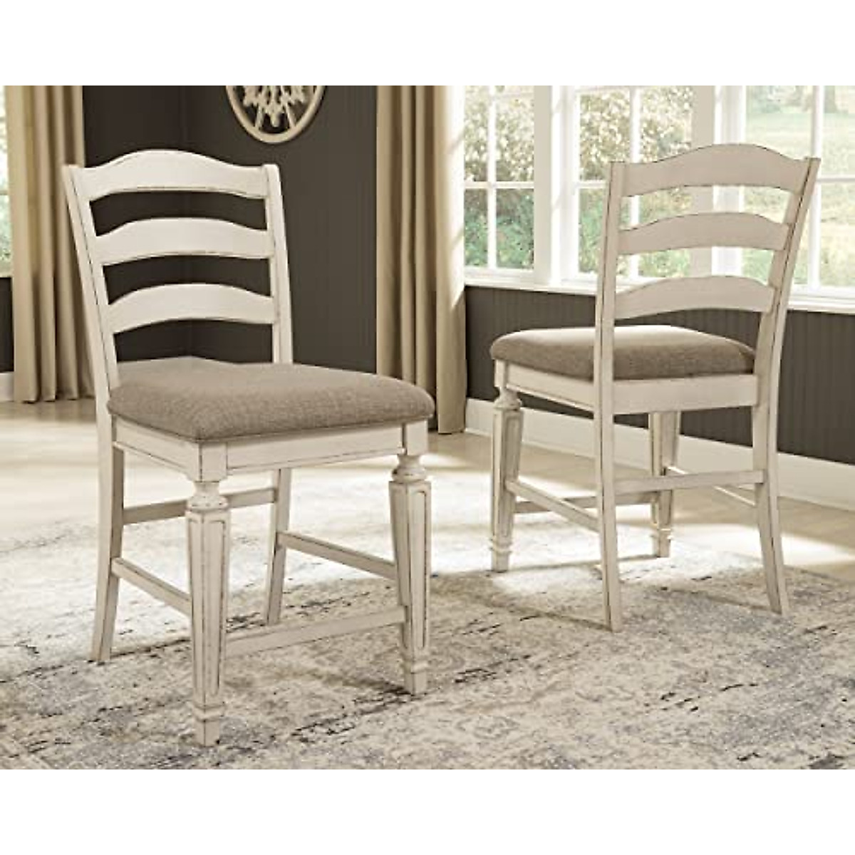 Signature Design by Ashley Realyn French Country 24.13" Counter Height Upholstered Barstool, 2 Count, Chipped White