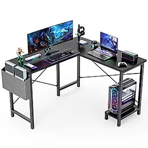 DUMOS L Shaped, Computer Corner PC Gaming Table with Side Storage Bag, Sturdy Desk for Home Office Writing Workstation, 50 Inch, Black