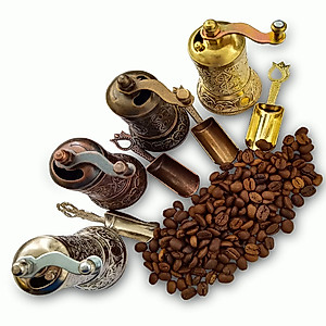 Pepper Salt Coffee Grinder - 3 in One - Turkish Coffee Mill - with Spice Shovel Spoon - Salt Shaker - Zinc Alloy Casting Best Carving Metal - Adjustable Coarseness - Silver Color Design (Silver)