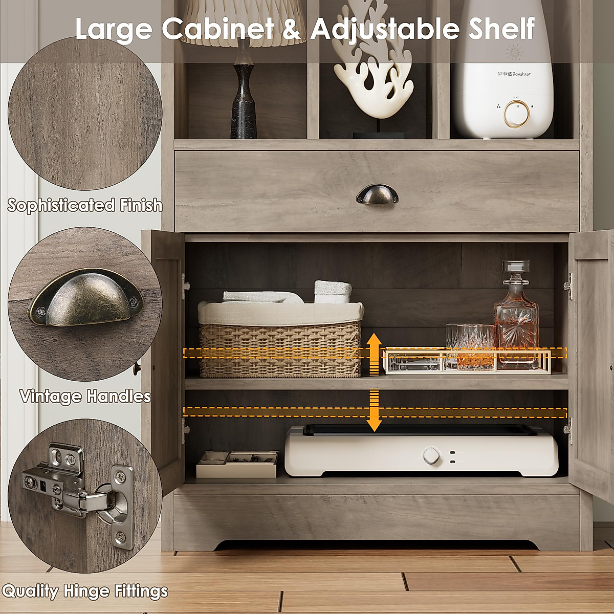 Keyluv 80” Tall Bookcase with Drawer and Doors, Grey Bookshelf with Adjustable Cabinet, Deep Book Shelf Case with Storage and 9 Open Cubes for Living Room/Home Office, Wood Gray Wash