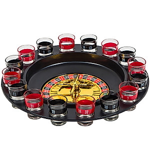 BETTERLINE Shot Glass Roulette Drinking Game and Poker Playing Cards Set - Spinning Wheel, 2 Balls and 16 Shot Glasses - Casino Adult Party Games