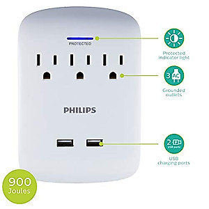 Philips 3-Outlet Extender with 2-USB Port Surge Protector, Charging Station, 900 Joules, Grounded Power Adapter, Indicator Light, 3-Prong, 2.4 AMP/12 Watt, ETL Listed, White, SPP6233WB/37