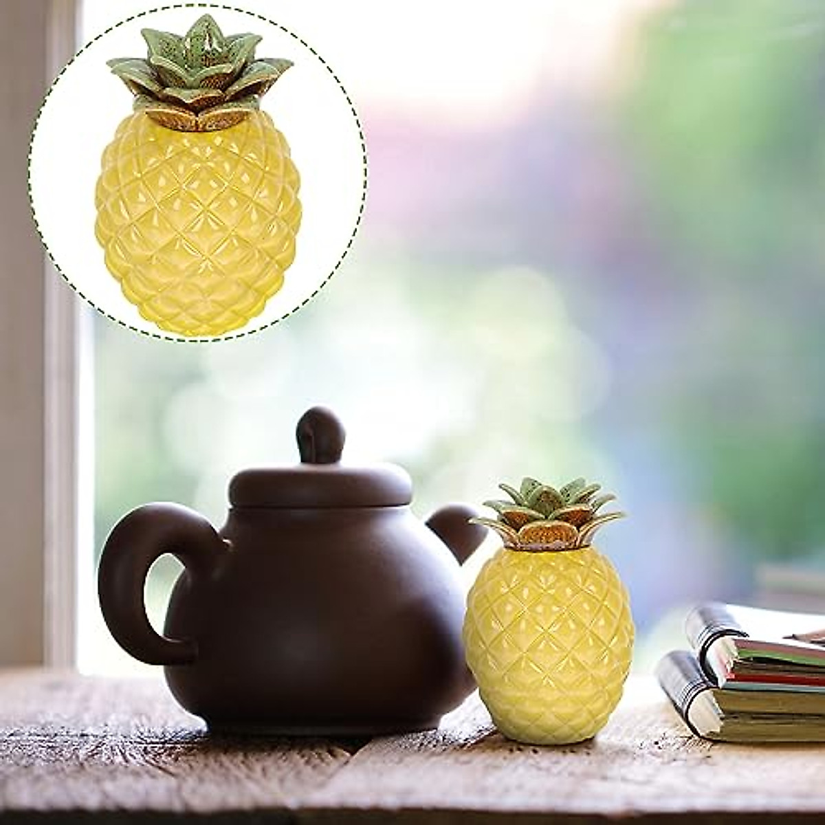 BESTonZON Ceramic Tea Jar Pineapple Shape Tea Tins Containers with Leaf Lid Porcelain Tea Pot Coffee Sugar Storage Canisters Empty Food Storage Jar for Home Kitchen Counter Yellow