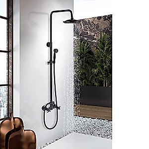 MOSSON Rain Shower System Oil Rubbed Bronze Outdoor Shower Faucet Set with 8 Inch Rainfall Shower Head Handheld Spray 2 Cross Handles Wall Mounted Bathroom Shower Fixtures Solid Brass
