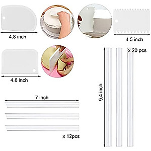MoreStar 20 Pieces Plastic White Sticks Dowel Rods and 4 Pieces Cake Separator Plates 46810 Inch with 12 Clear Stacking Dowels, Different Patterns Cake Scrapers for Tiered Cake Stacking, 9.4inch