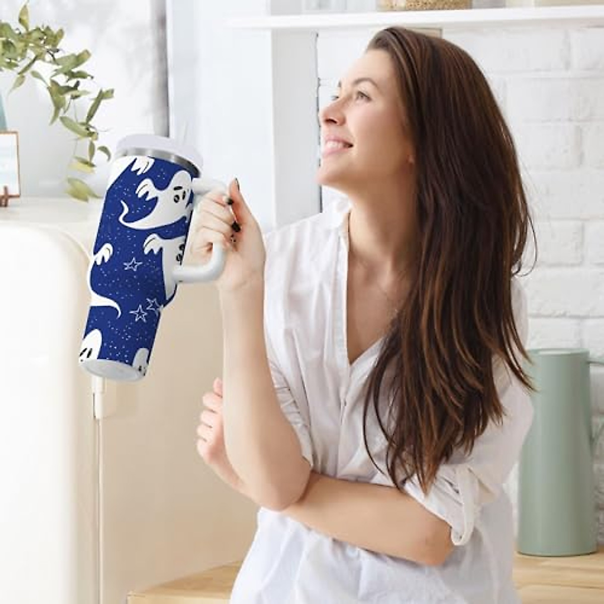 RPLIFE Whimsical Ghosts Deep Blue Stainless Steel Mug, Insulated Water Bottle with Straw, Tumblers for Women