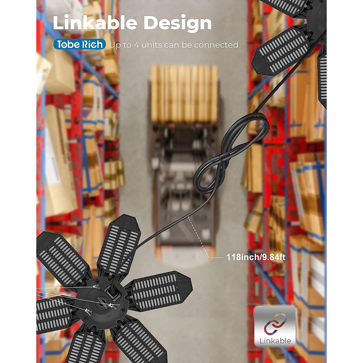 toberich 2-Pack Plug in Garage Light, 200W 20000LM Linkable LED Shop Light w/Pull Chain(ON/Off), 6+1 Deformable Panels, 6500K LED Ceiling Lights for Garage, Workshop, Warehouse, Barn