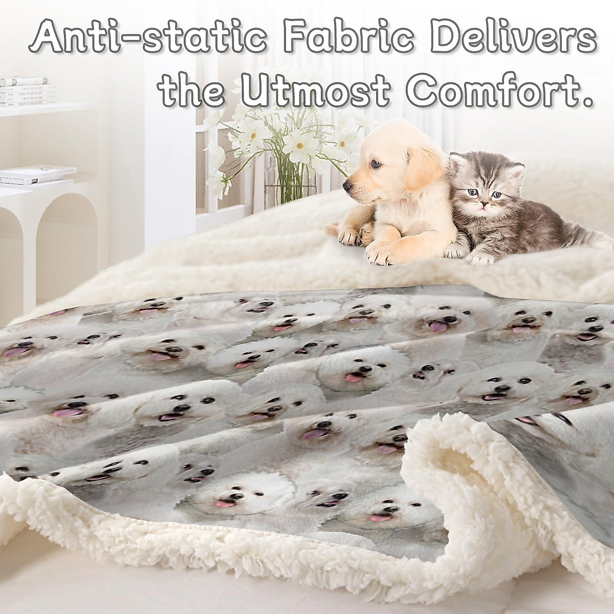 BlessLiving Bichon Frise Sherpa Fleece Throw Blanket 50" x 60" Soft Fluffy Warm Cozy Dogs Blanket for Couch Bed Sofa Chair Cute Puppy Fleece Blanket Reversible Animal Pattern Blankets Gifts for Teens