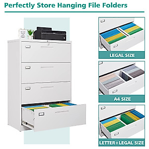 MIIIKO 4 Drawer Lateral File Cabinet with Lock, Black Office Filing Cabinet with Lock, Metal Horizontal Storage Cabinet with Large Drawers for Hanging Letter Legal File Folders